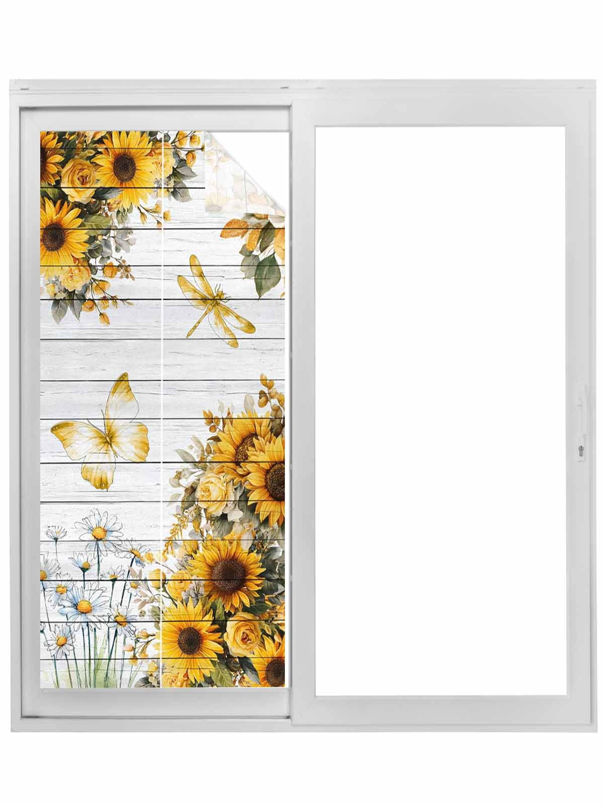Farmhouse Sunflower Window Privacy Film, Vintage Daisy Butterflies Gray ...