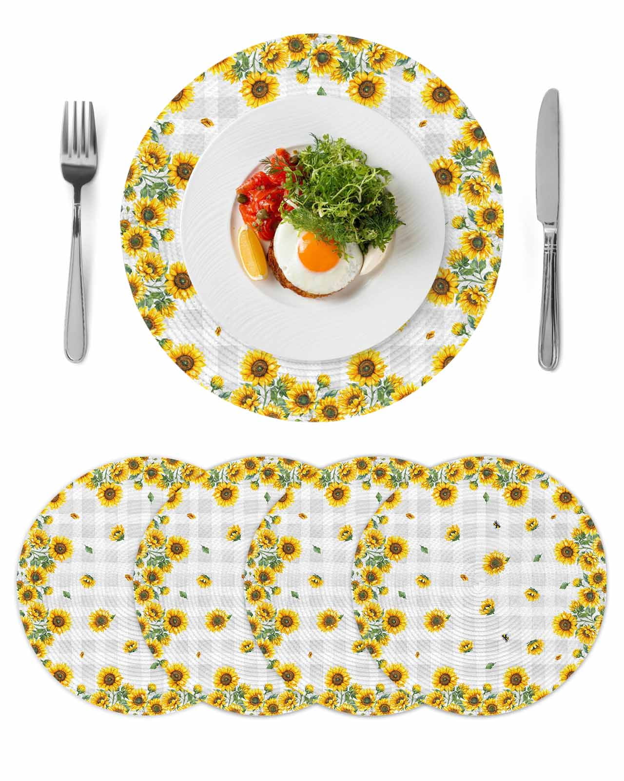 Farmhouse Sunflowers Floral Print Round Table Placemats set of 4, White ...