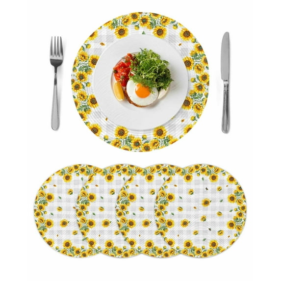 Farmhouse Sunflowers Floral Print Round Table Placemats set of 4, White ...