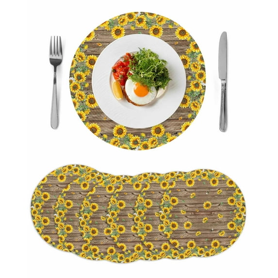 Farmhouse Sunflowers Floral Print Round Table Placemats set of 6, Brown ...