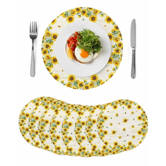 Farmhouse Sunflowers Floral Print Round Table Placemats set of 8, Beige ...