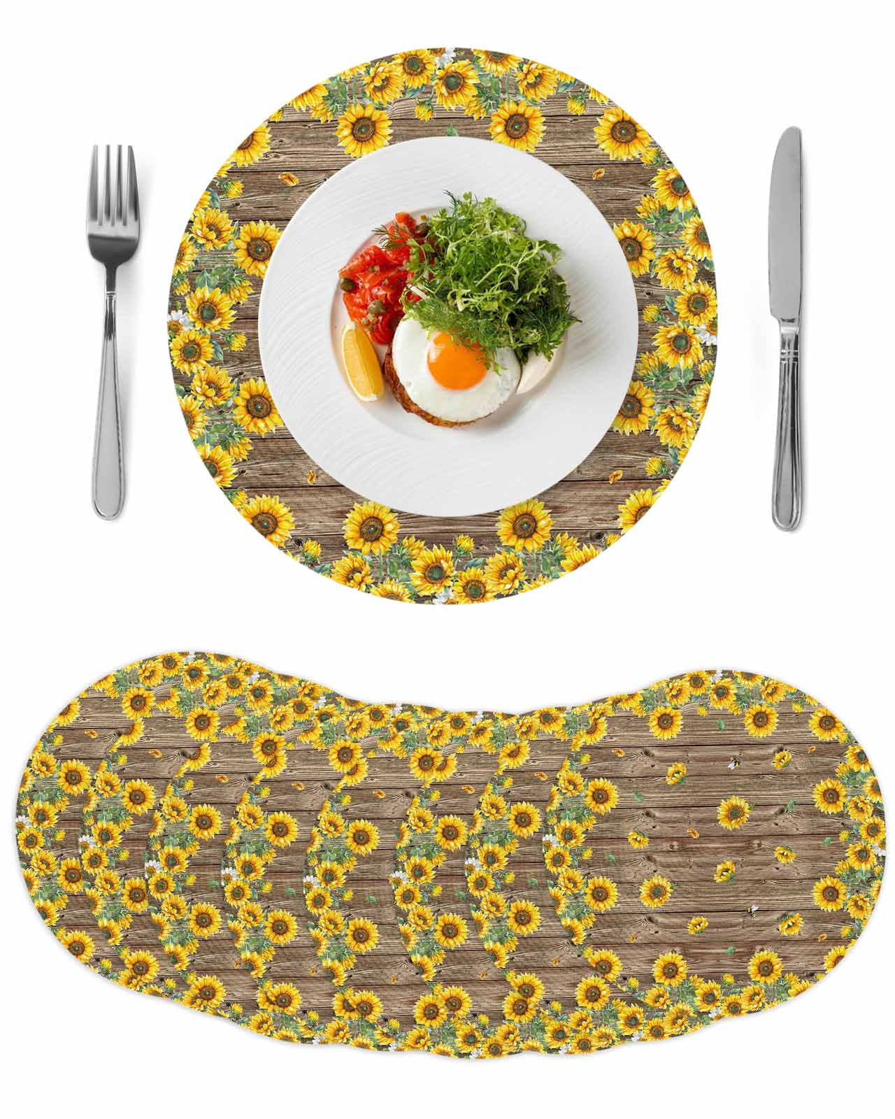 Farmhouse Sunflowers Floral Print Round Table Placemats set of 8, Brown ...