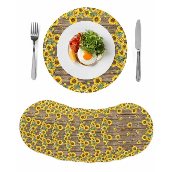 Farmhouse Sunflowers Floral Print Round Table Placemats set of 8, Brown ...