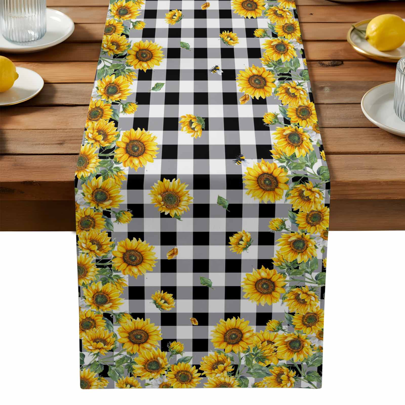 Farmhouse Sunflowers Floral Print Table Runner, Black And White Check ...