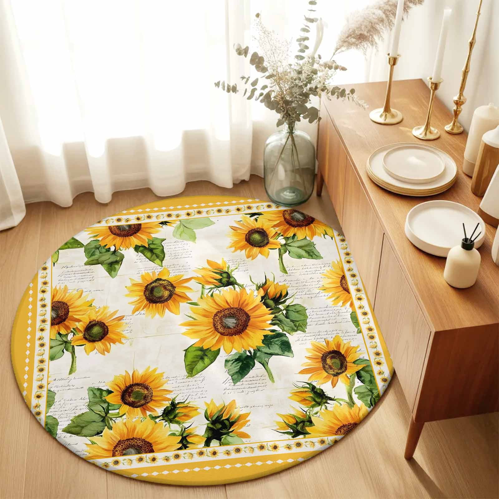 Farmhouse Sunflowers on Letter Round Rug 3ft Vintage Country Floral ...