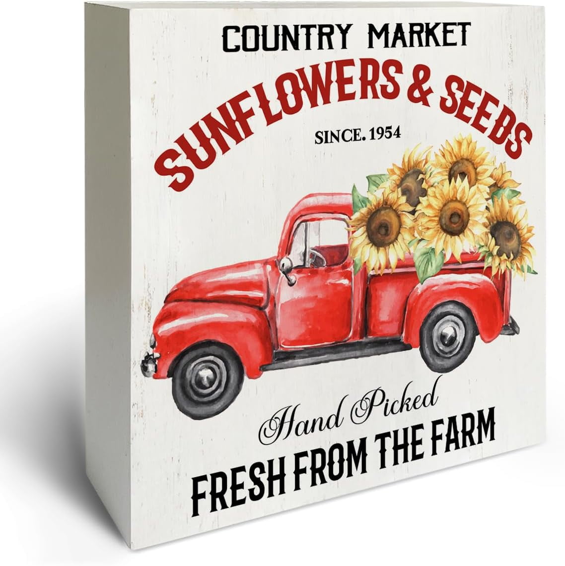 Farmhouse Sunflowers Red Truck Wooden Box Sign Artwork Summer Sunflower ...