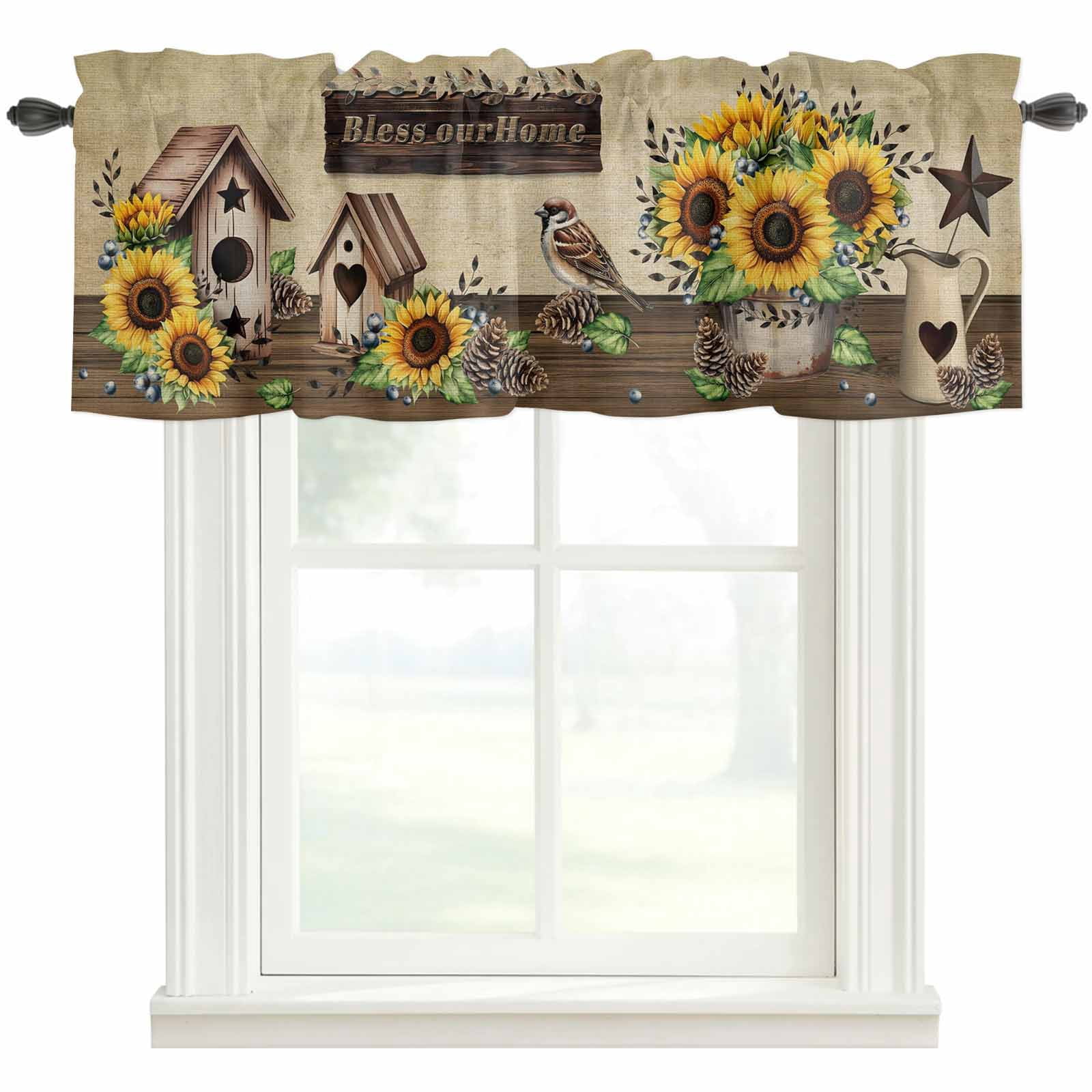 Farmhouse Sunflowers Rod Pocket Curtain Valance, Western Star Vintage ...