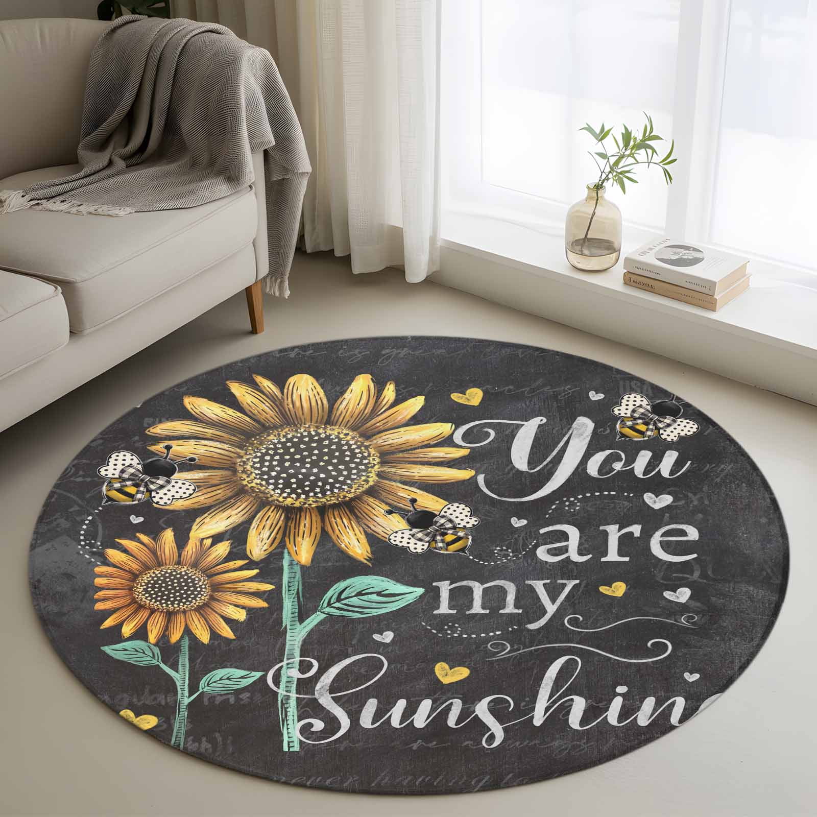 Farmhouse Sunflowers Round Area Rug 4 FT, Non Slip Indoor Outdoor Rug ...