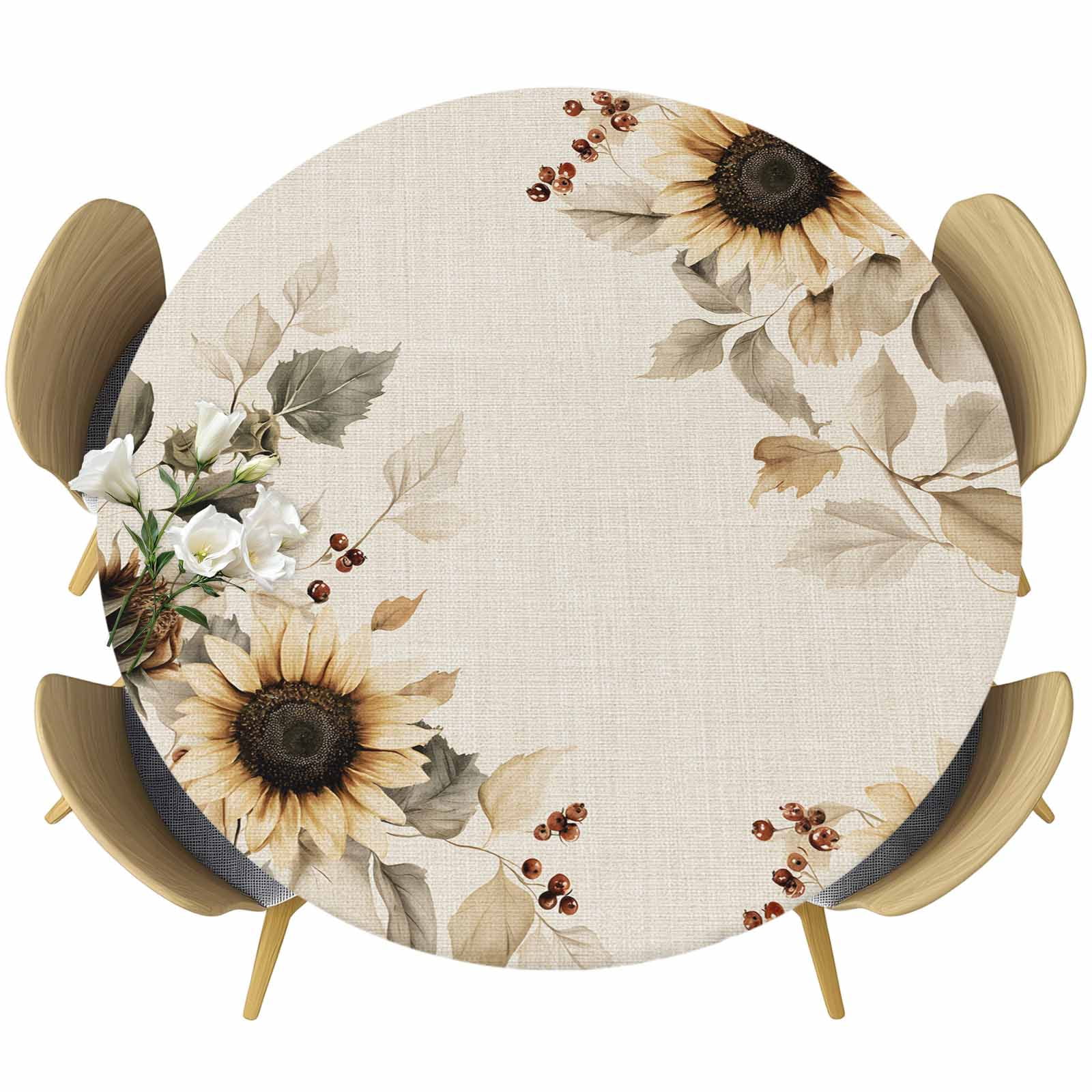 Farmhouse Sunflowers Round Tablecloth 55-60 Inch Round Fitted Table ...