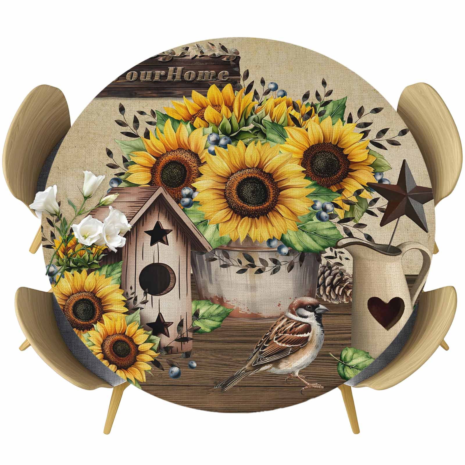 Farmhouse Sunflowers Round Tablecloth, Fitted Table Cover with Elastic ...