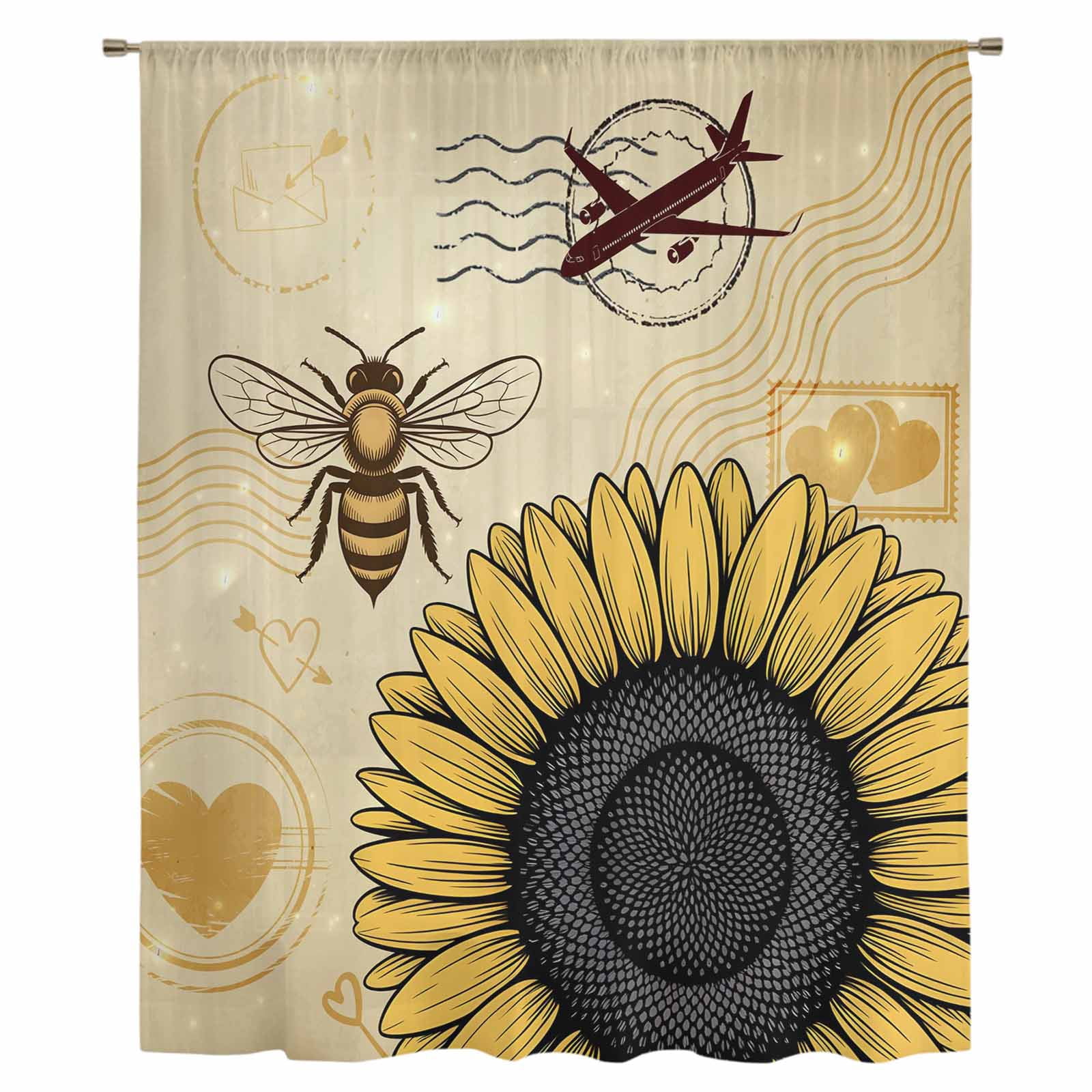 Farmhouse Sunflowers Sheer Curtains 45 Inches Long, Vintage Bees ...