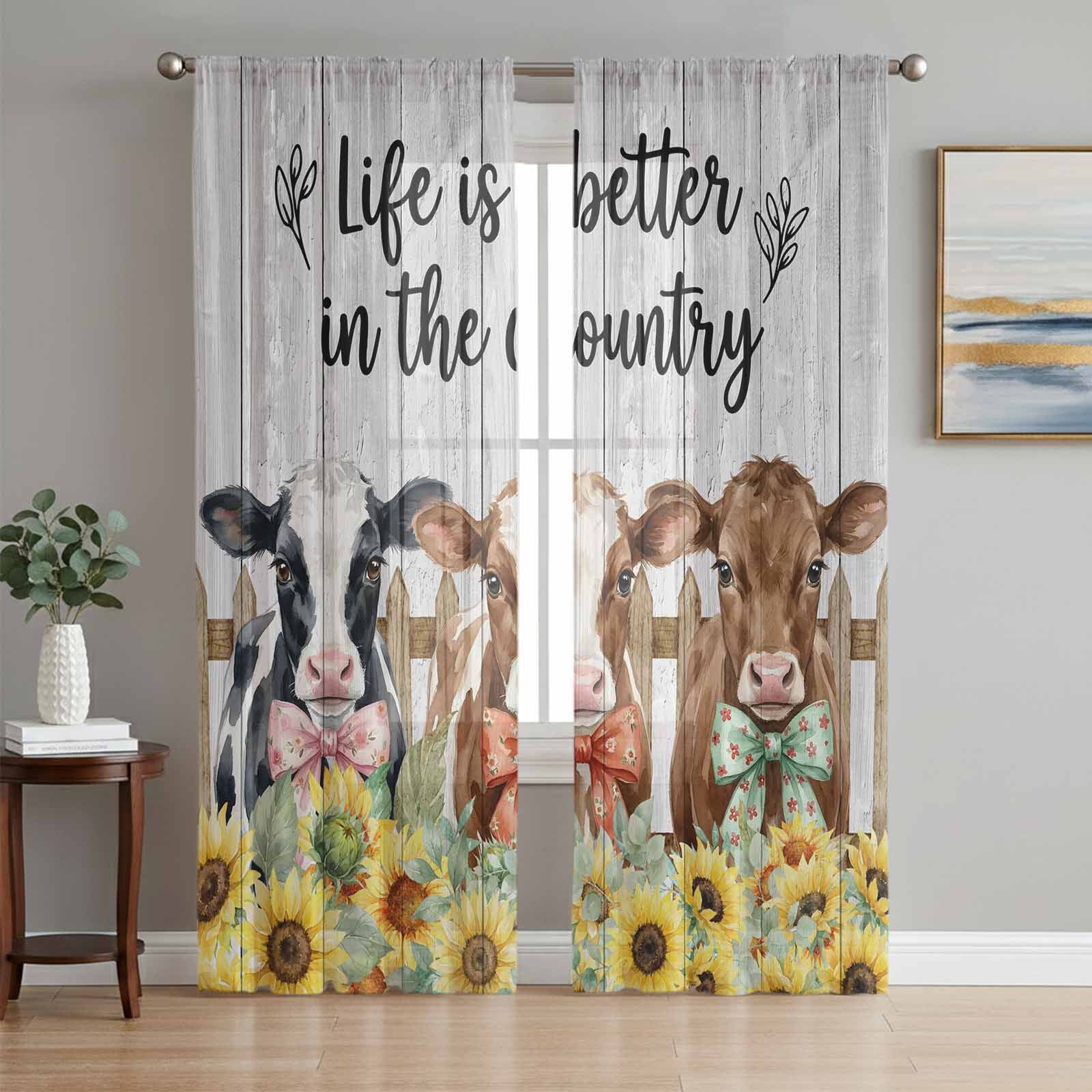 Farmhouse Sunflowers Sheer Curtains for Living Room Bedroom Country Cow ...