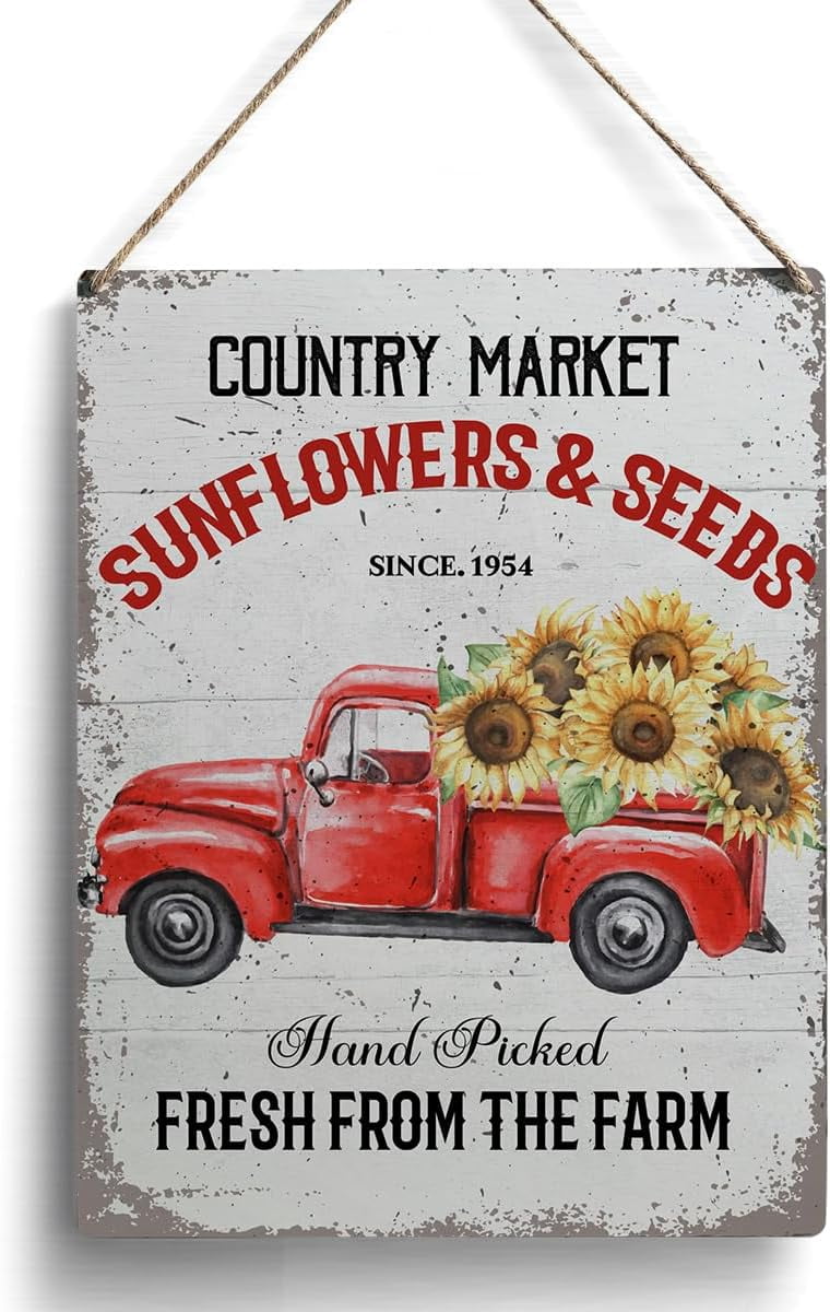 Farmhouse Sunflowers Truck Wooden Sign Artwork, Summer Sunflower Wood ...