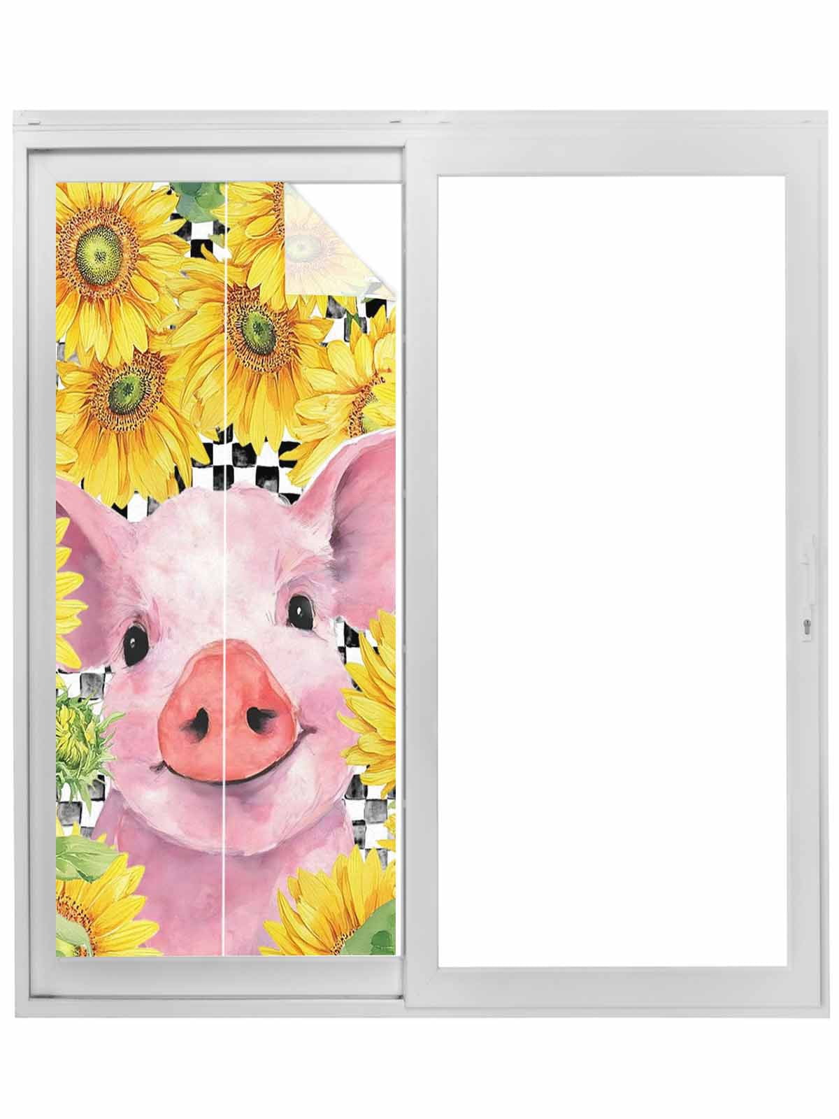 Farmhouse Sunflowers Window Privacy Film, Country Watercolor Pig Black ...