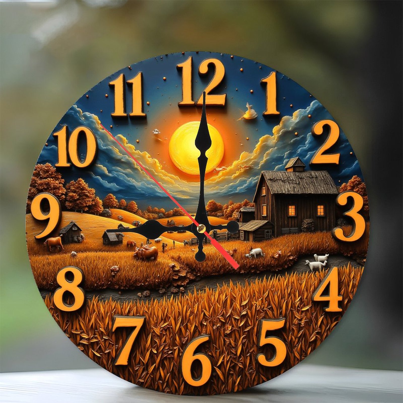 Farmhouse Sunset Wall Clock， Rustic Country Decor 10-Inch Silent Wooden ...