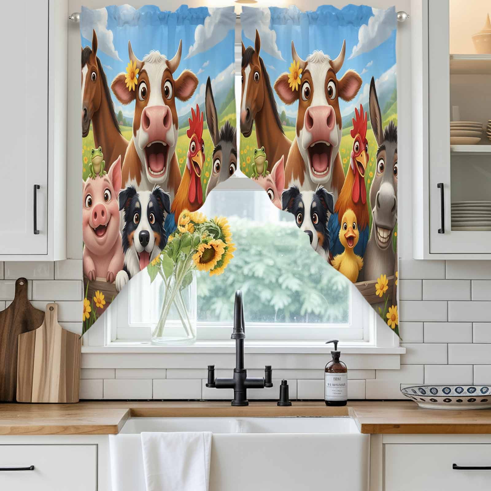 Farmhouse Swag Curtain Valance for Windows, Funny Cow Horse Pig Face ...