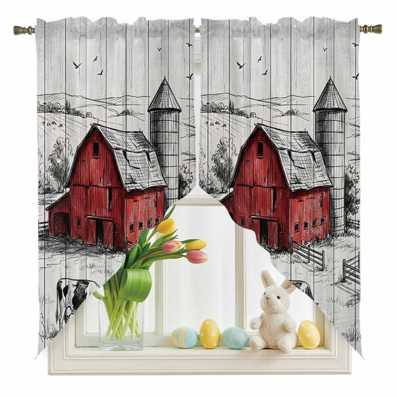 Farmhouse Swag Kitchen Curtain Valances, Pastoral Landscape Watercolor ...