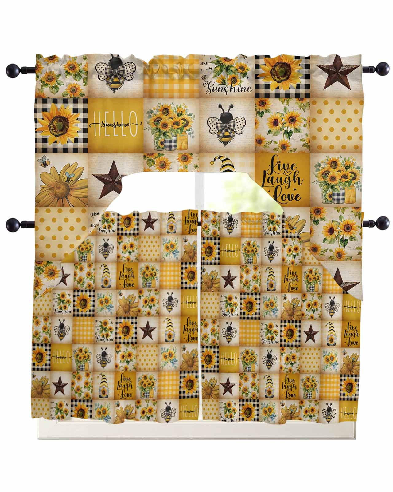 Farmhouse Swag Valance and Tier Curtains Set Sunflower Gnome Bee Star ...