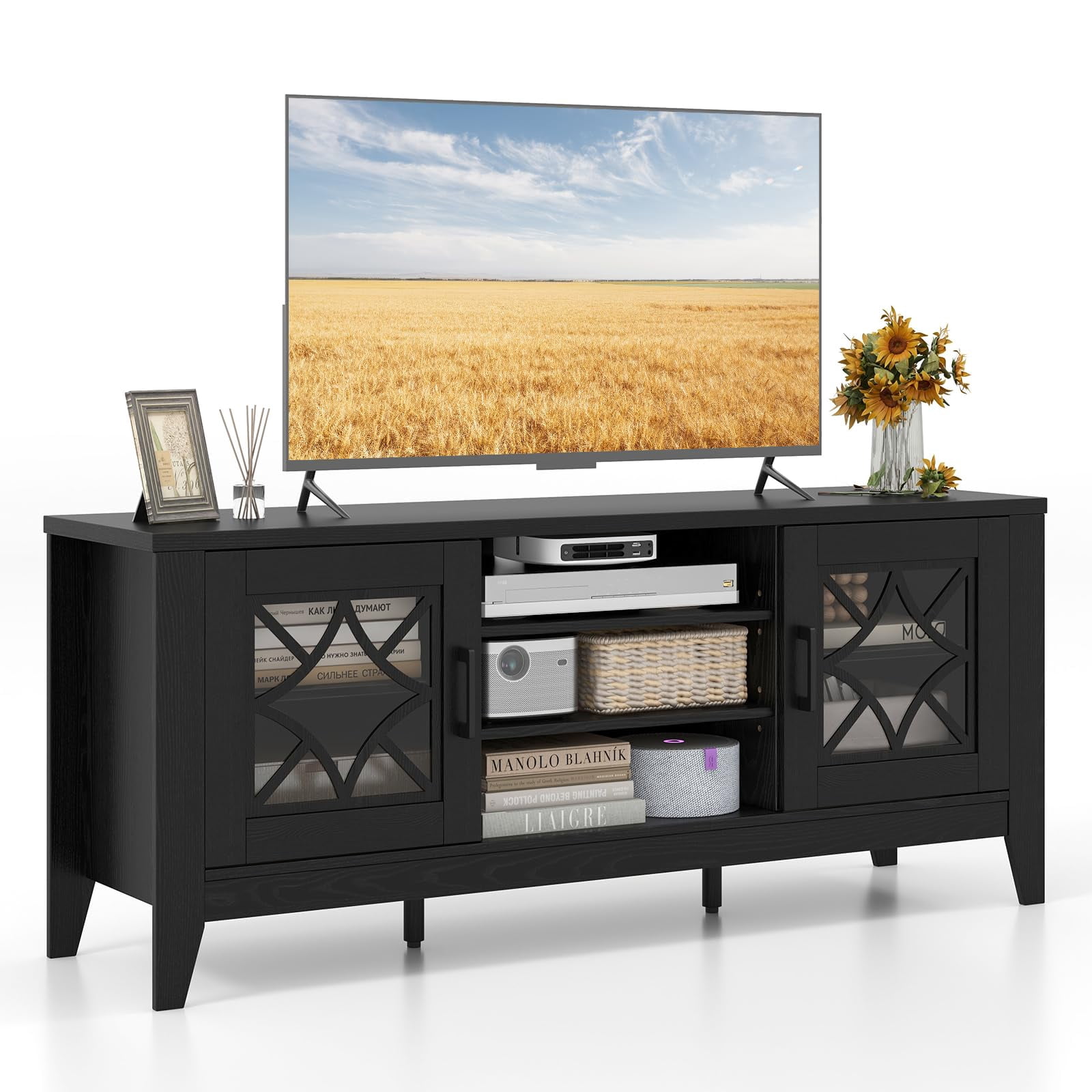Farmhouse TV Console for 65 Inch TVs, Modern Media Stand with Glass ...