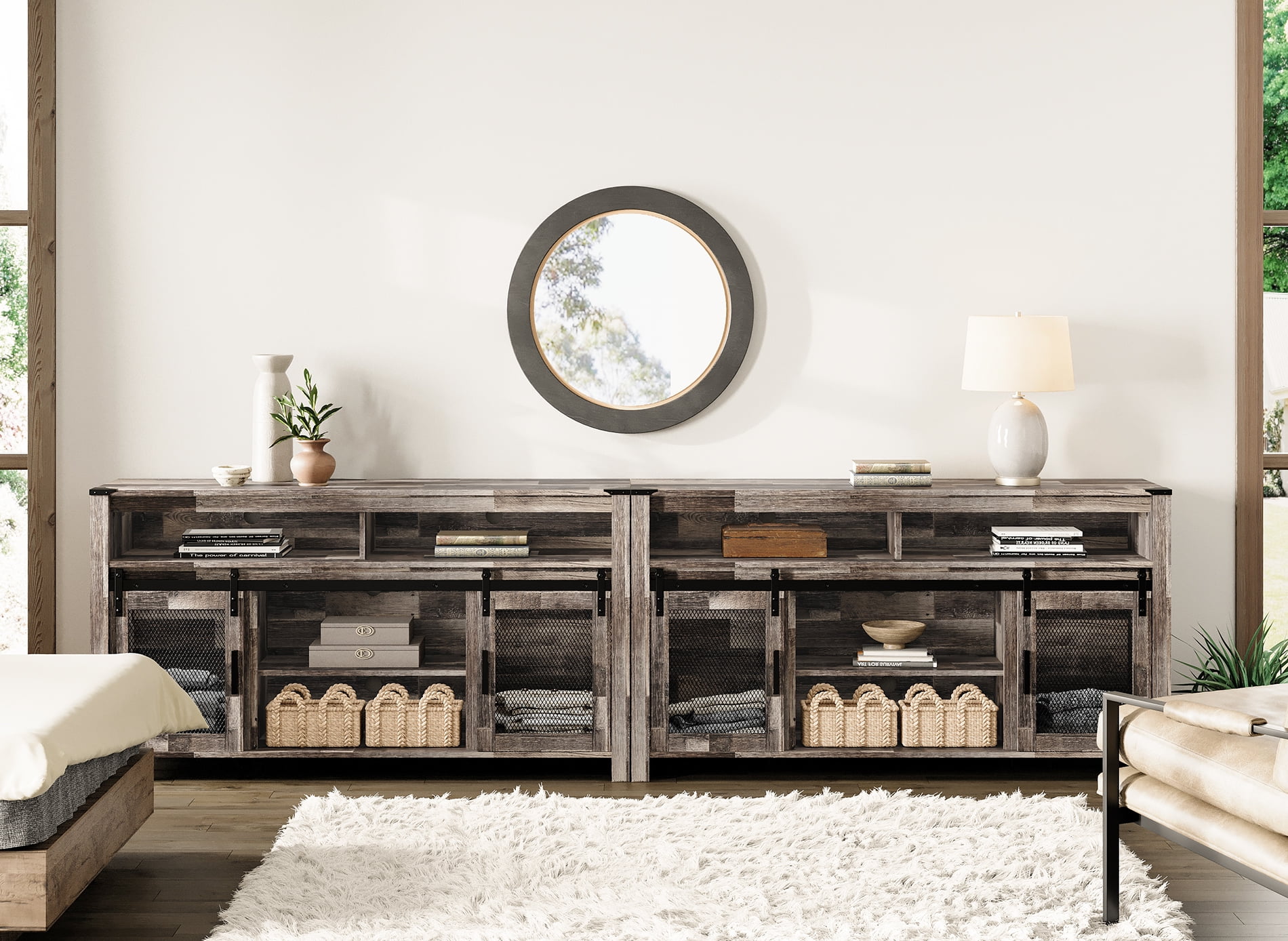 Wampat Farmhouse 118" Entertainment Center with Adjustable Shelves for ...