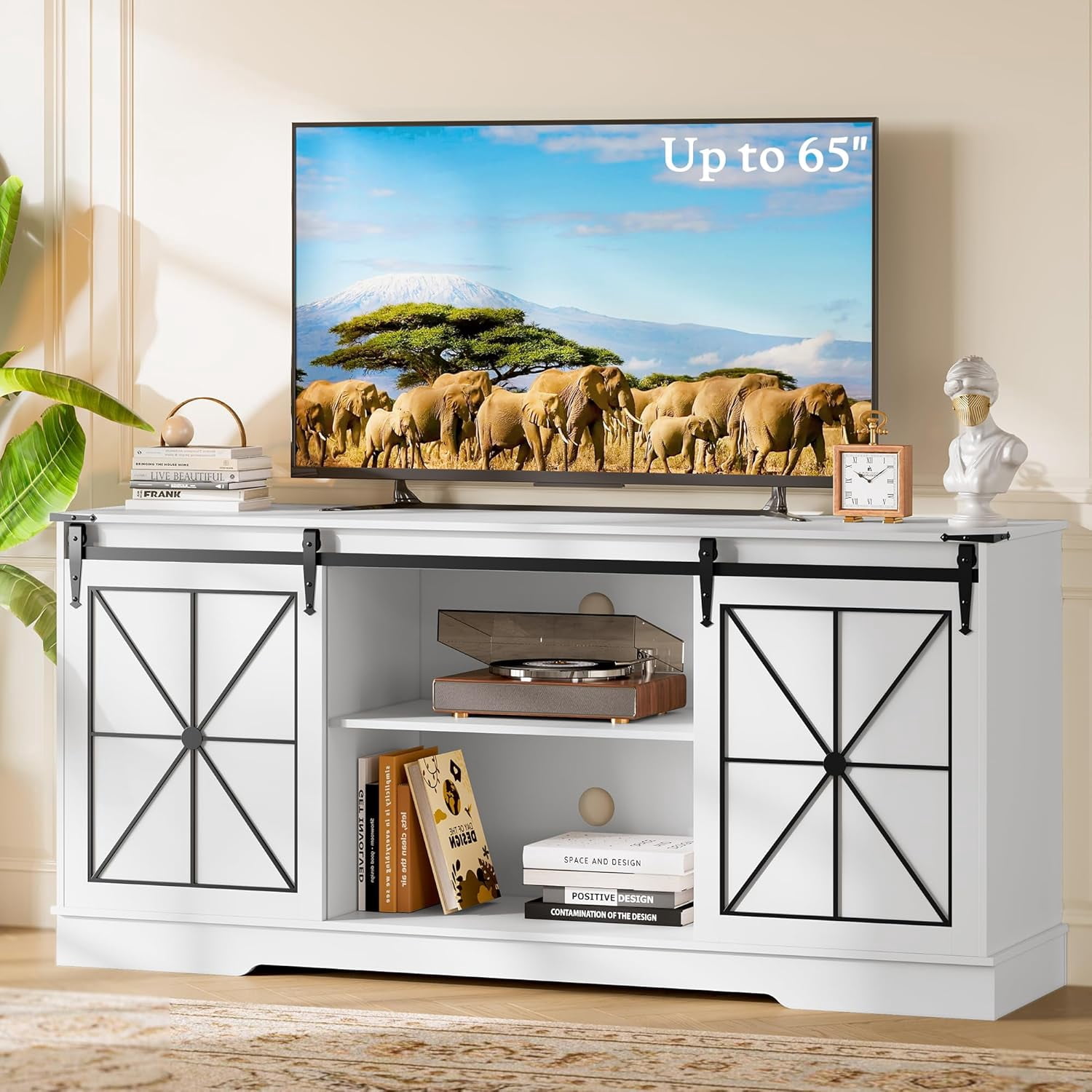 Farmhouse TV Stand for 55 60 65 Inch TV, Mid Century Modern TV Cabinet ...