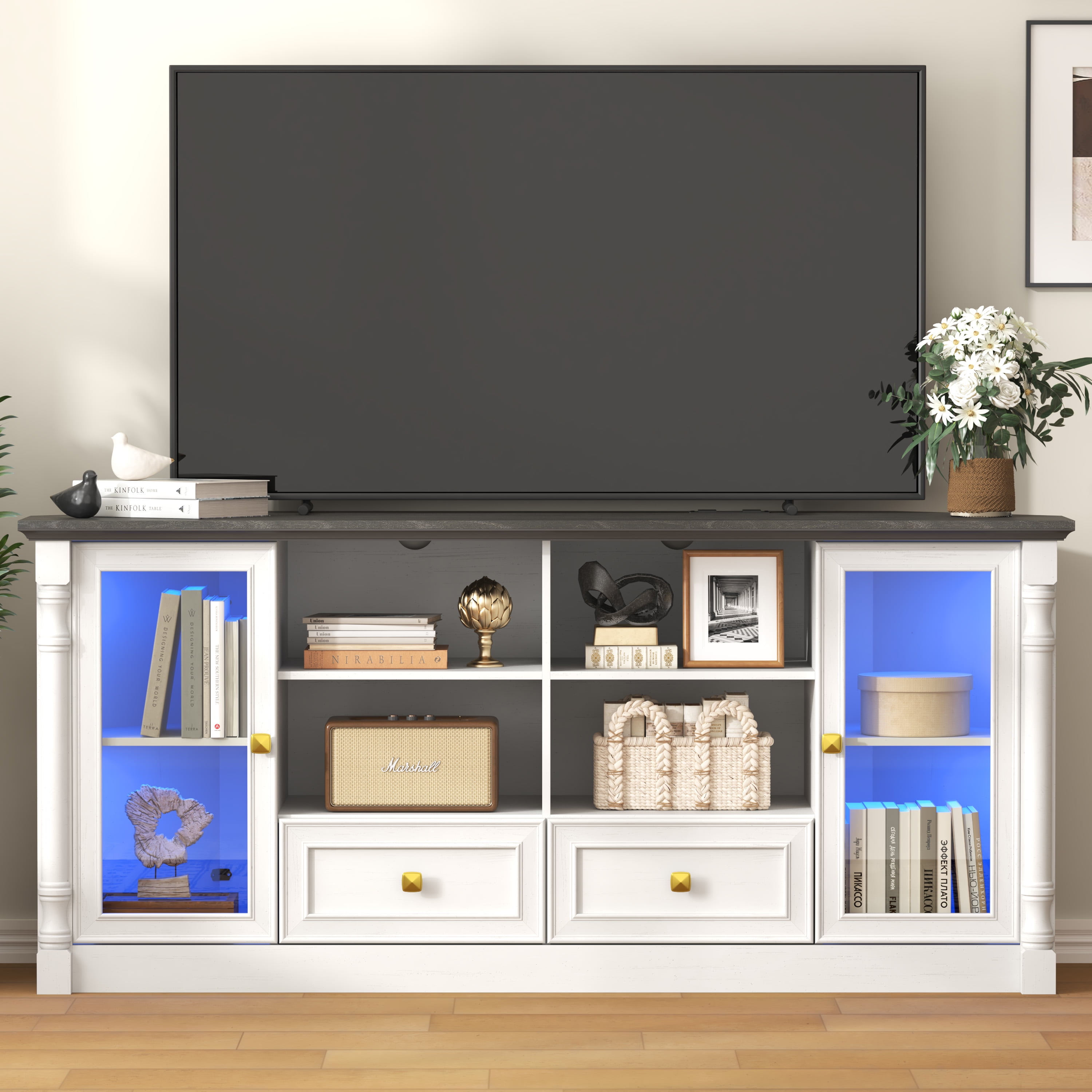 Farmhouse TV Stand for 55 60 65 Inch TVs, Corner Entertainment Center ...