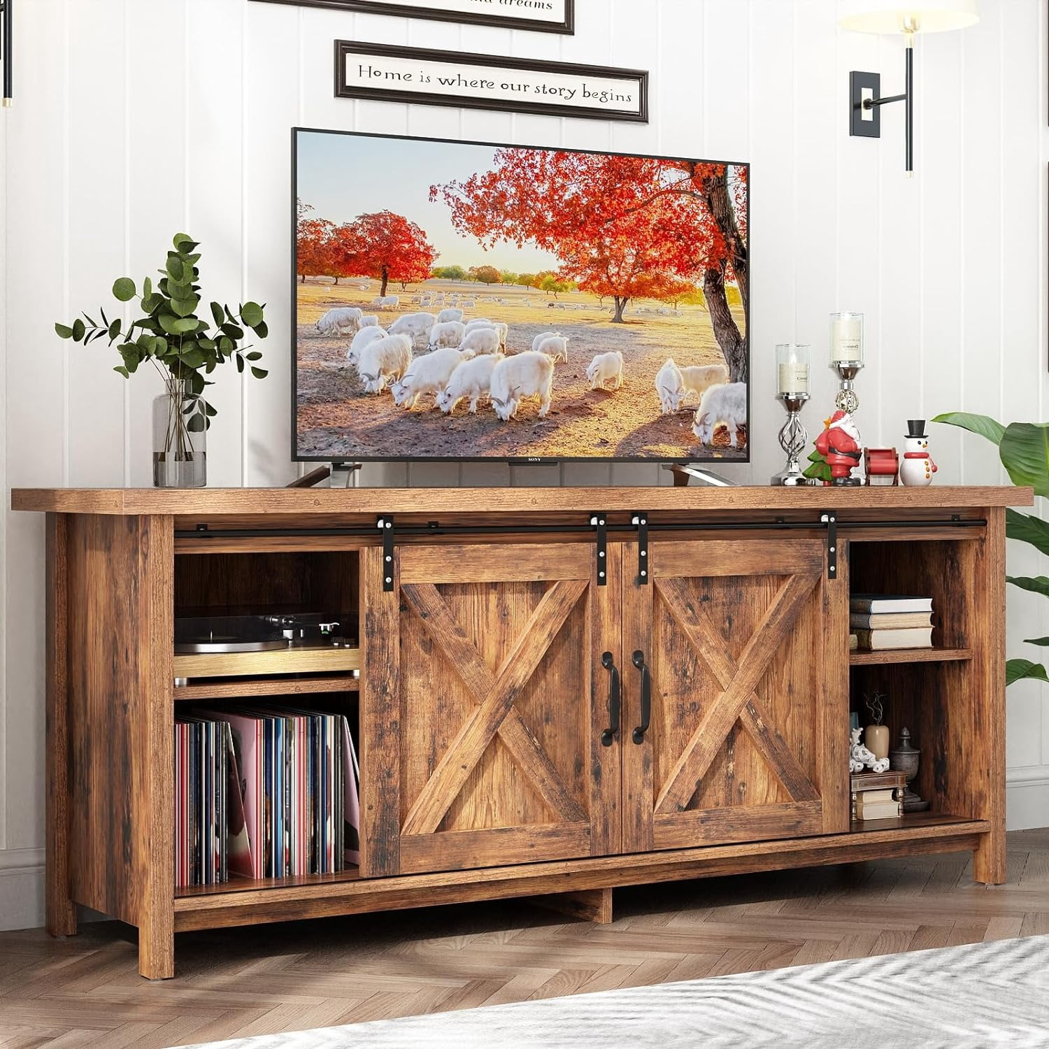 Farmhouse TV Stand for 55-65in TV with Adjustable Shelves & Sliding ...