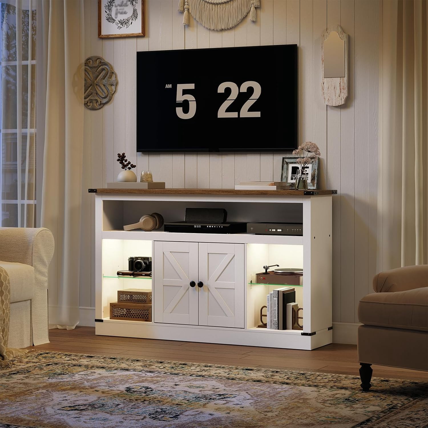Farmhouse TV Stand for 55 Inch, Entertainment Center with Sensor LED ...