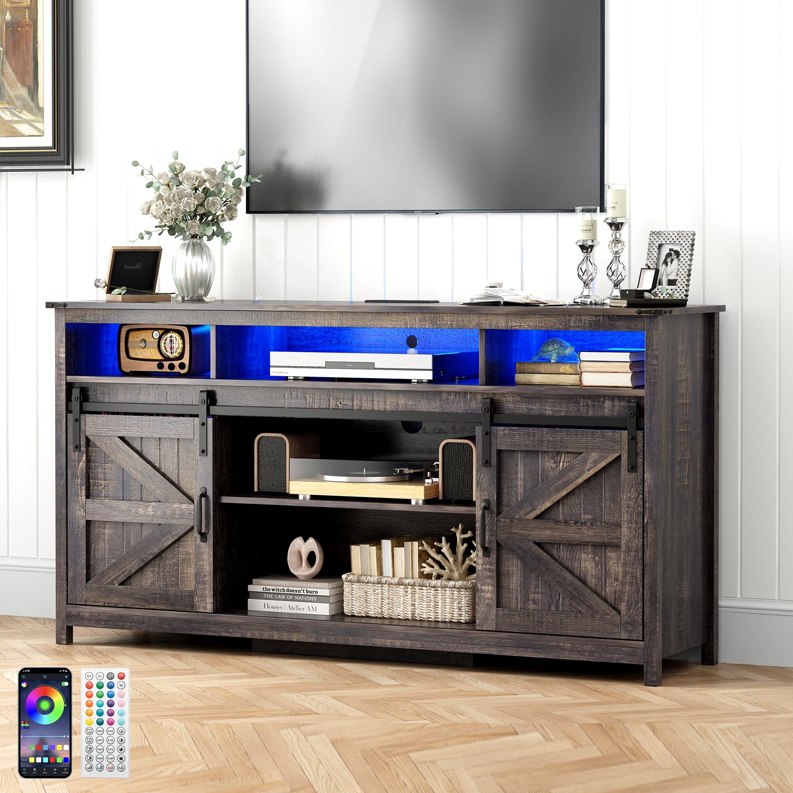 Farmhouse TV Stand for 65/70 inch TV, Sliding Barn Door TV Cabinet with ...