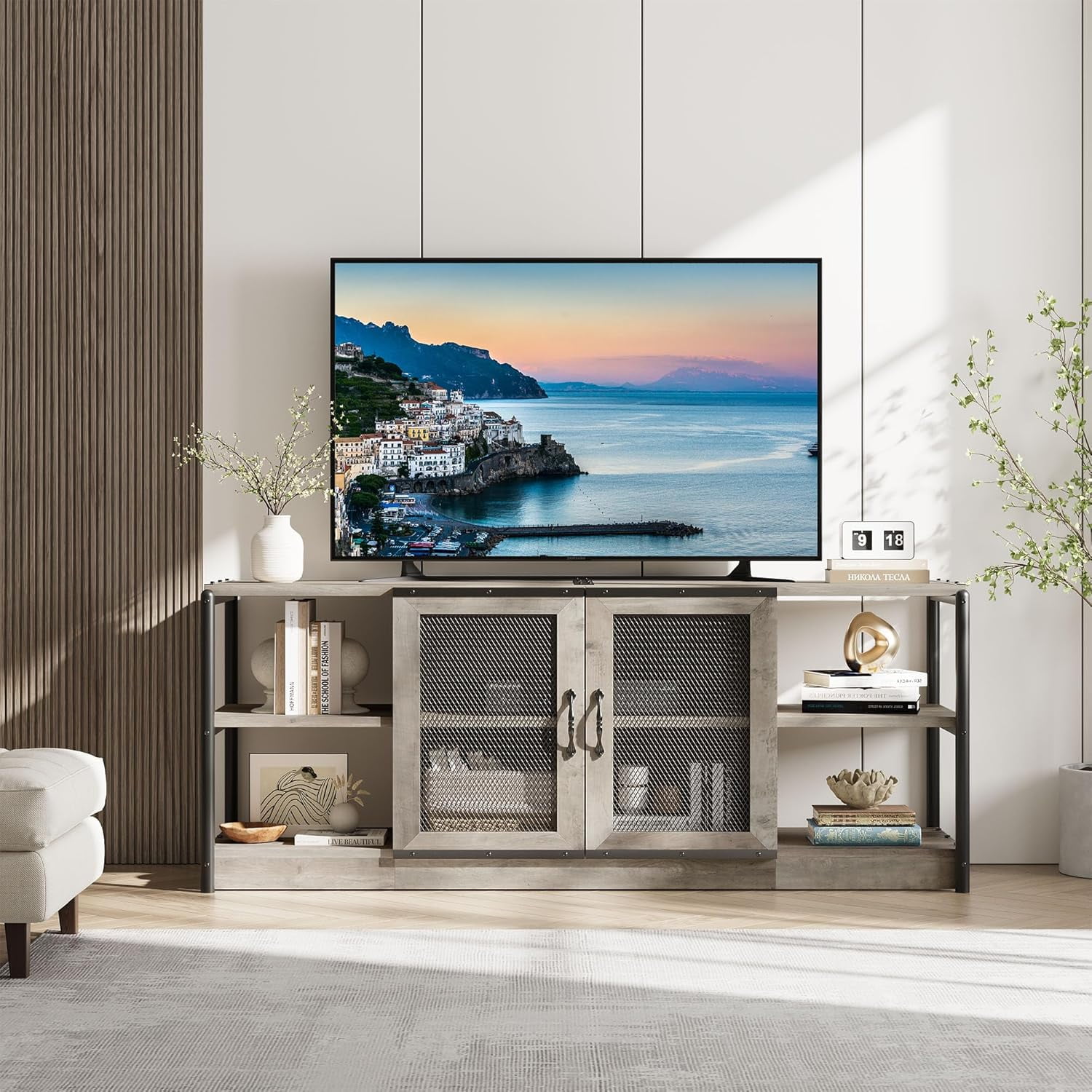Farmhouse TV Stand for 65/75 inch TV, Entertainment Center with Storage ...
