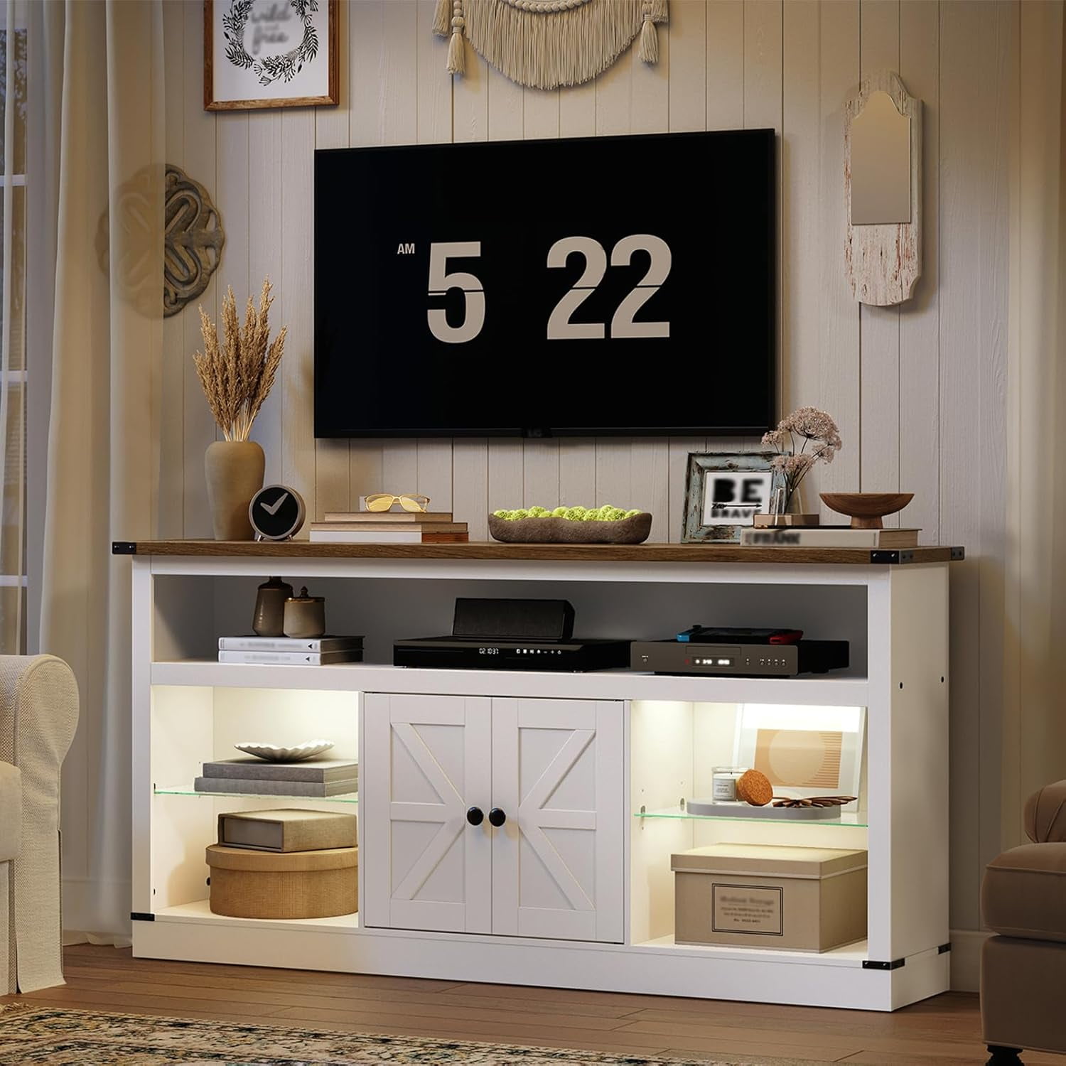 Farmhouse TV Stand for 65 Inch, Entertainment Center with Sensor LED ...