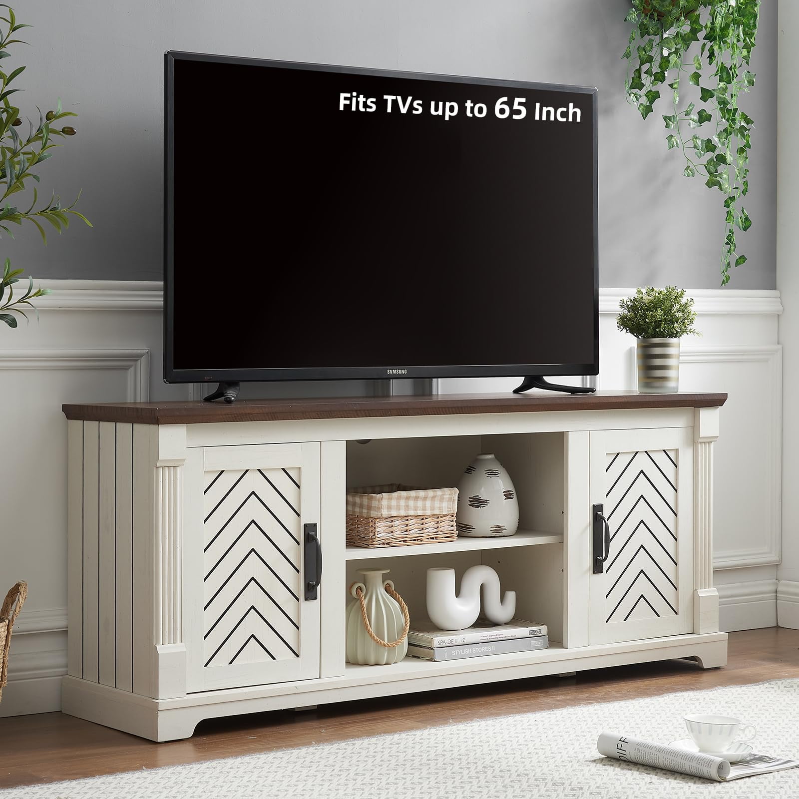 Farmhouse TV Stand for 65+ Inch TV, 25" Tall Entertainment Center with ...