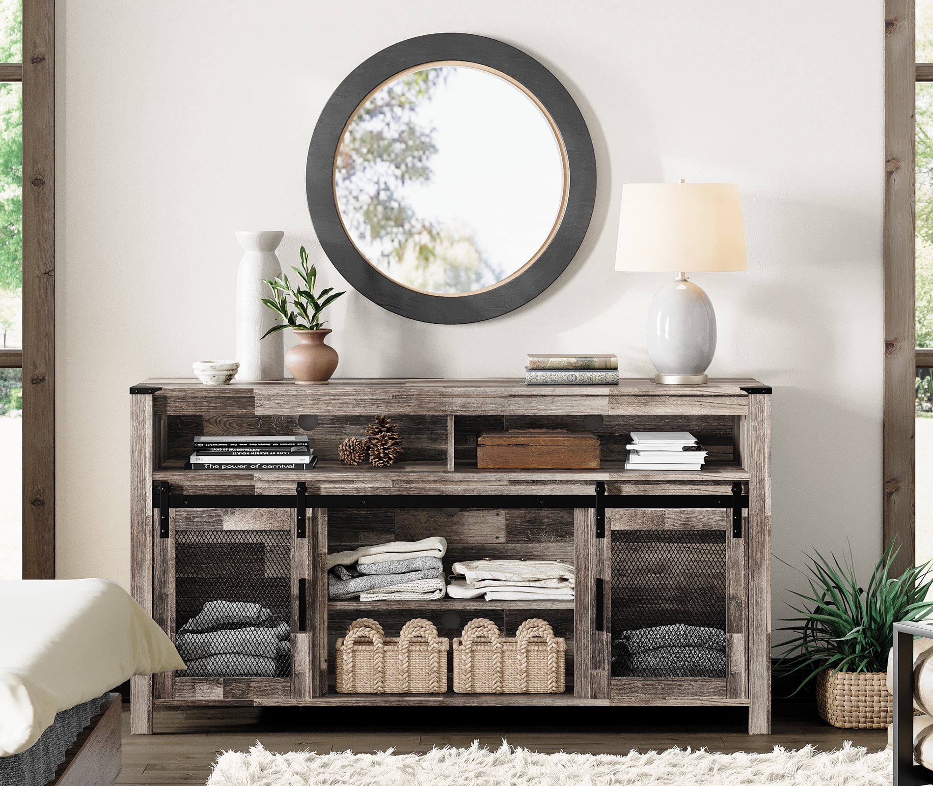 Farmhouse TV Stand for 65+ Inch TV, 32" Tall Highboy Entertainment ...