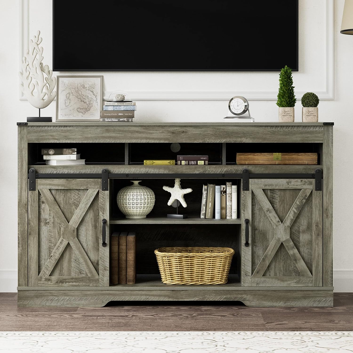 Farmhouse TV Stand for 65+ Inch TV, 34'' Tall Entertainment Center with ...
