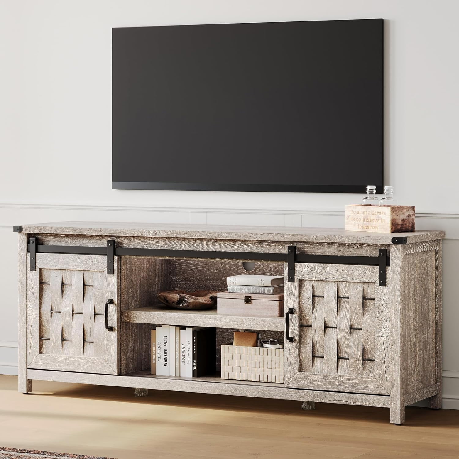 Farmhouse TV Stand for 65+ Inch TV, Entertainment Center with Sliding ...