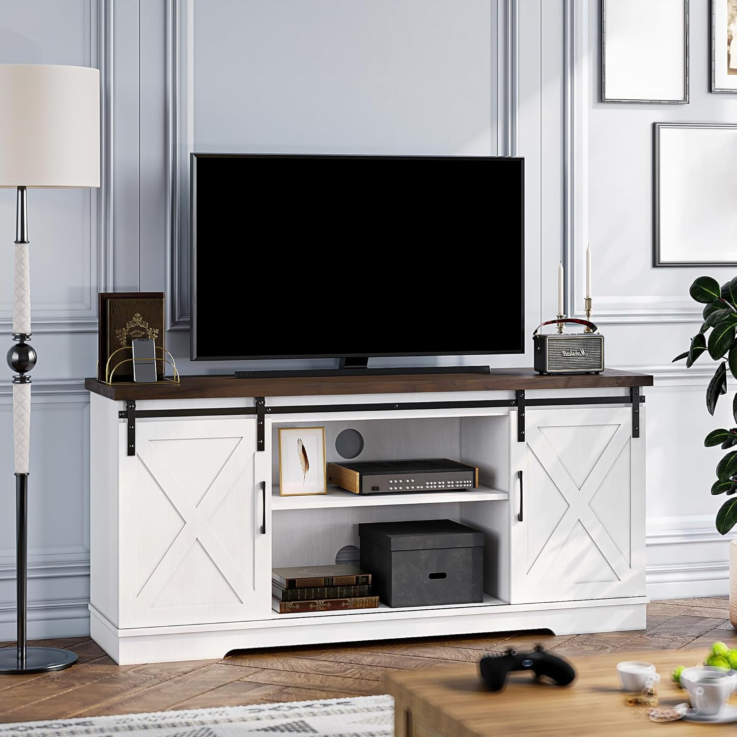 Farmhouse TV Stand for 65 Inch TV, Entertainment Center with Sliding ...