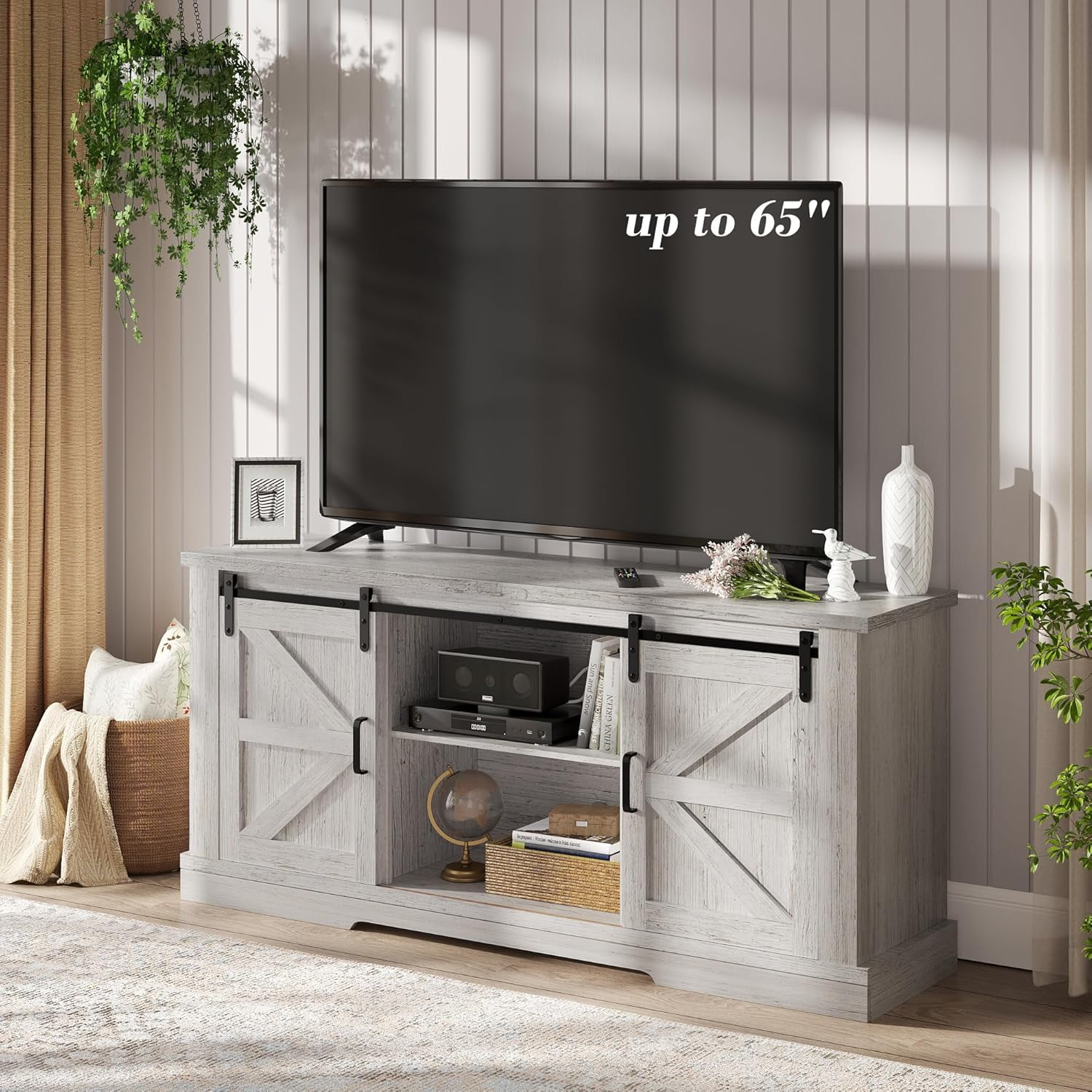 Farmhouse TV Stand for 65 Inch TV Mid Century Modern Entertainment Center TV Console Table with ...