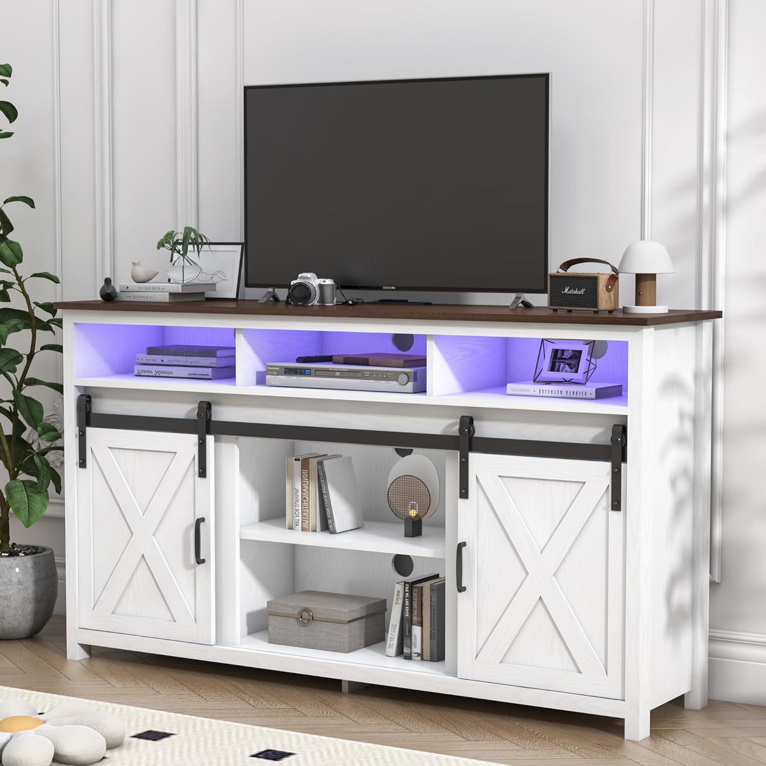 Farmhouse TV Stand for 65 Inch TV with Power Outlet, Entertainment ...