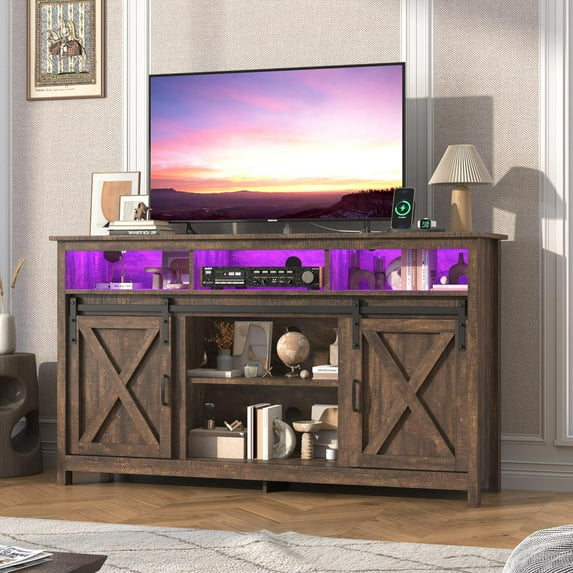 Farmhouse TV Stand for 65 Inch TV with Power Outlet, Entertainment ...