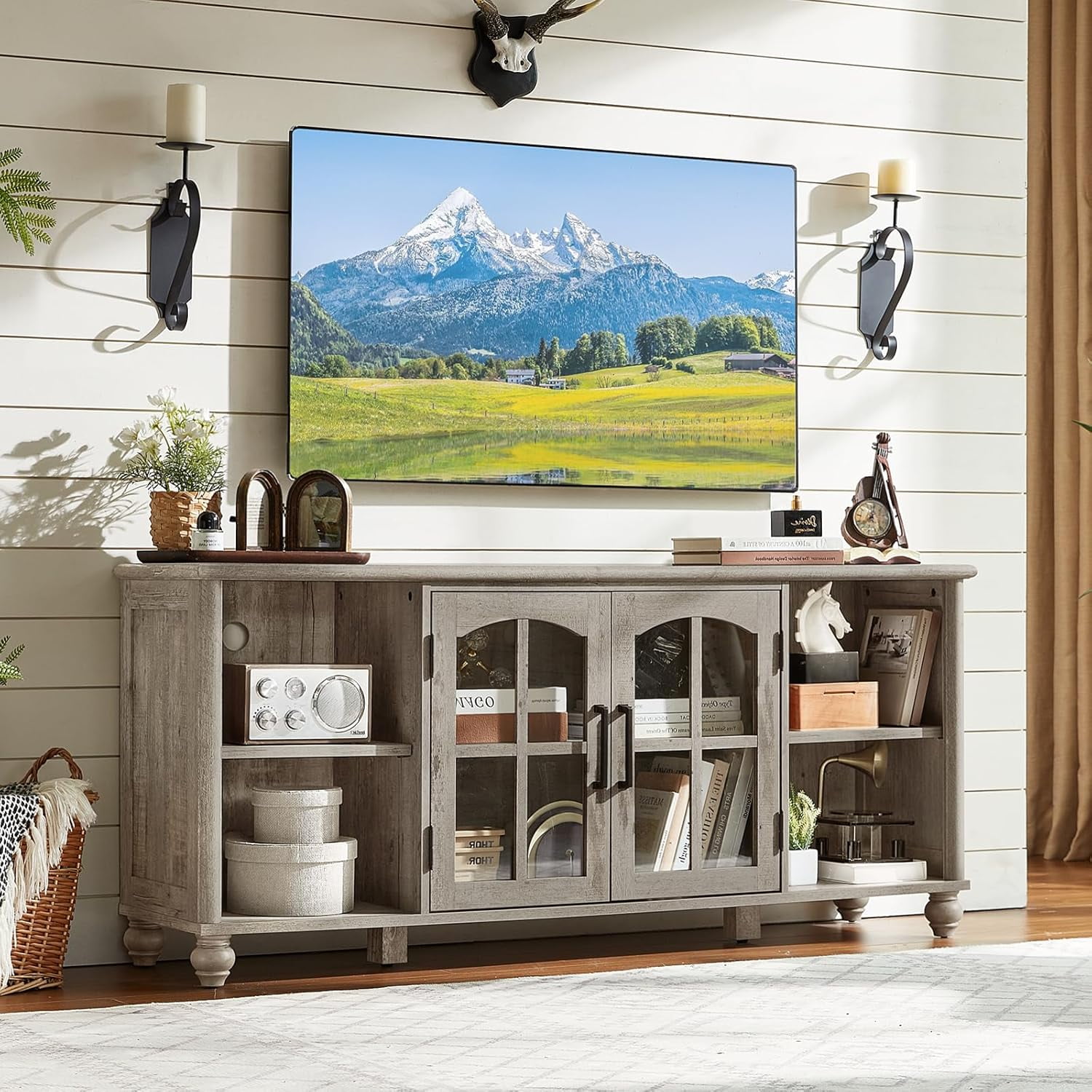 Farmhouse TV Stand for 65 Inch TV, Wood Entertainment Center with ...