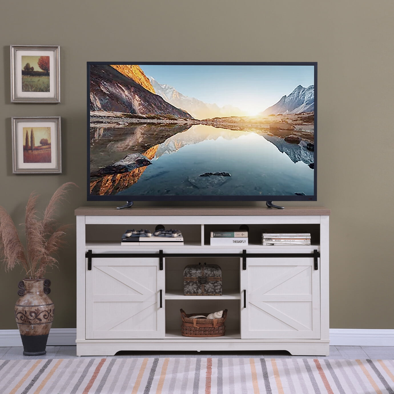 Farmhouse TV Stand for 65+ Inch TVs, 33" Tall Highboy Entertainment Center with Sliding Barn ...