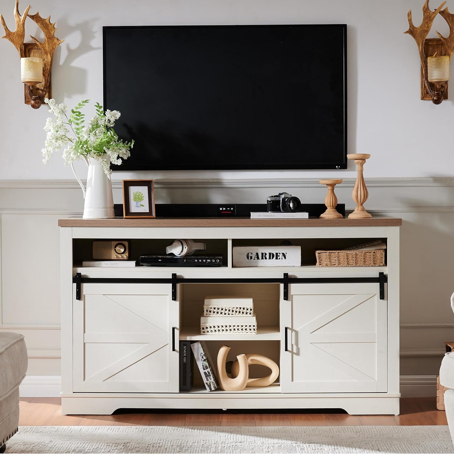Farmhouse TV Stand for 65+ Inch TVs, 58" Entertainment Center w/Sliding ...
