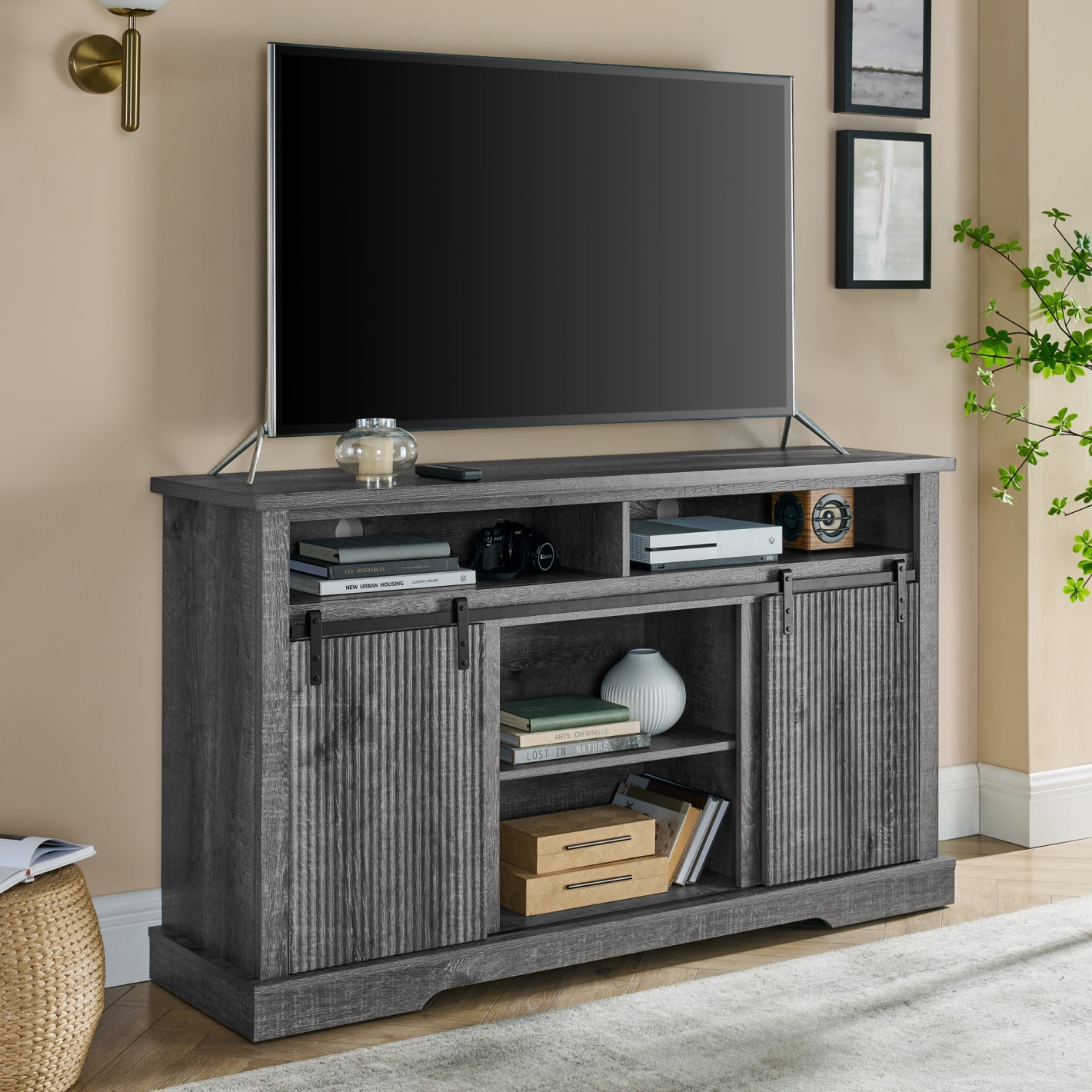 Farmhouse TV Stand for 65 Inch TVs, Entertainment Center with Storage ...