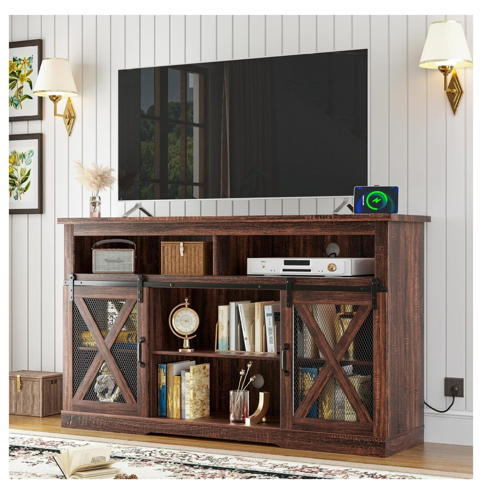 Farmhouse TV Stand for 65+ Inch TVs, Tall TV Stands with Power Outlets ...
