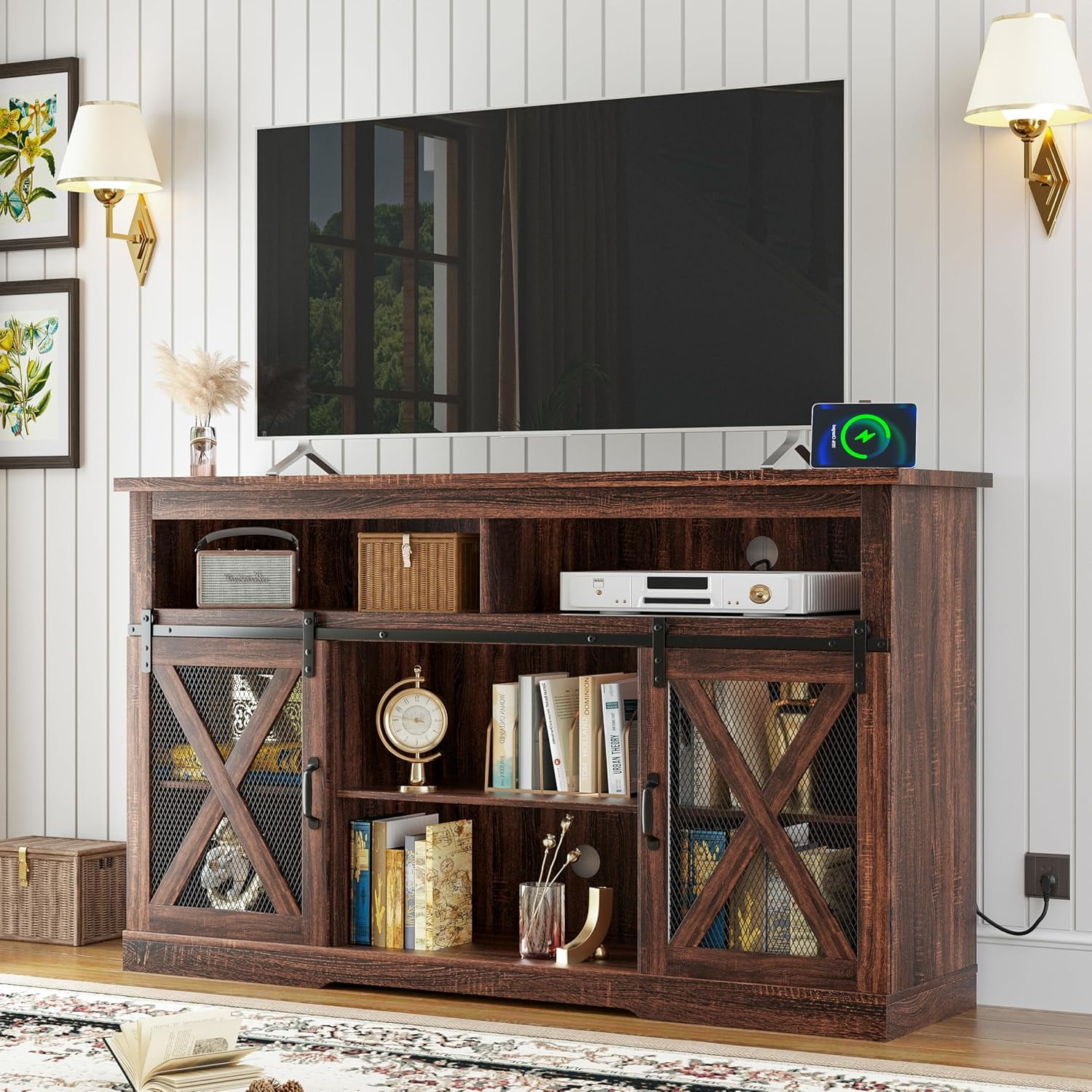 Farmhouse TV Stand for 65+ Inch TVs, Tall TV Stands with Power Outlets ...