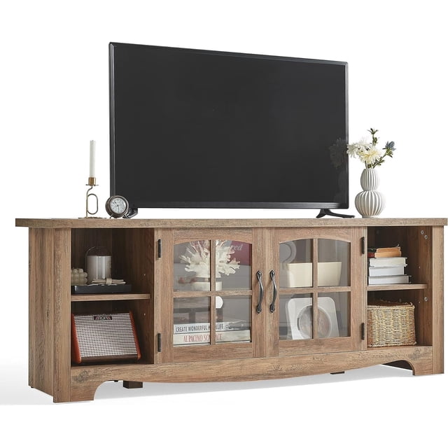 Farmhouse TV Stand for 65 Inch TV Wood Entertainment Center with Glass ...