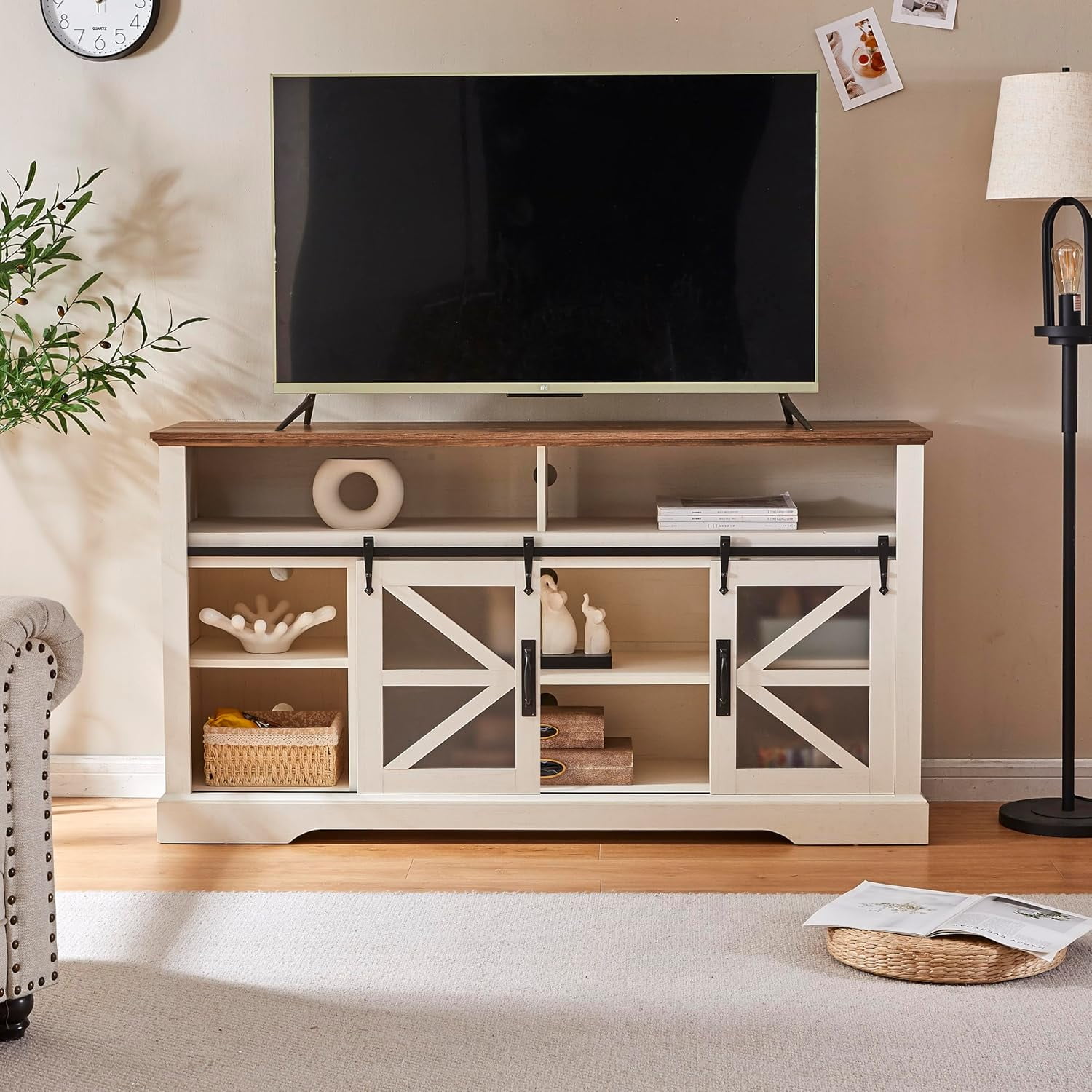 Farmhouse TV Stand for 65" TV, Entertainment Center with Storage ...