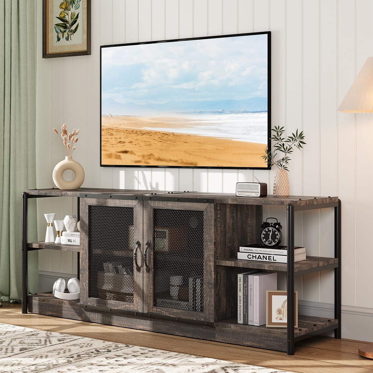 Farmhouse TV Stand for 65 inch TV Entertainment Center with Mesh Door and Storage Cabinet ...