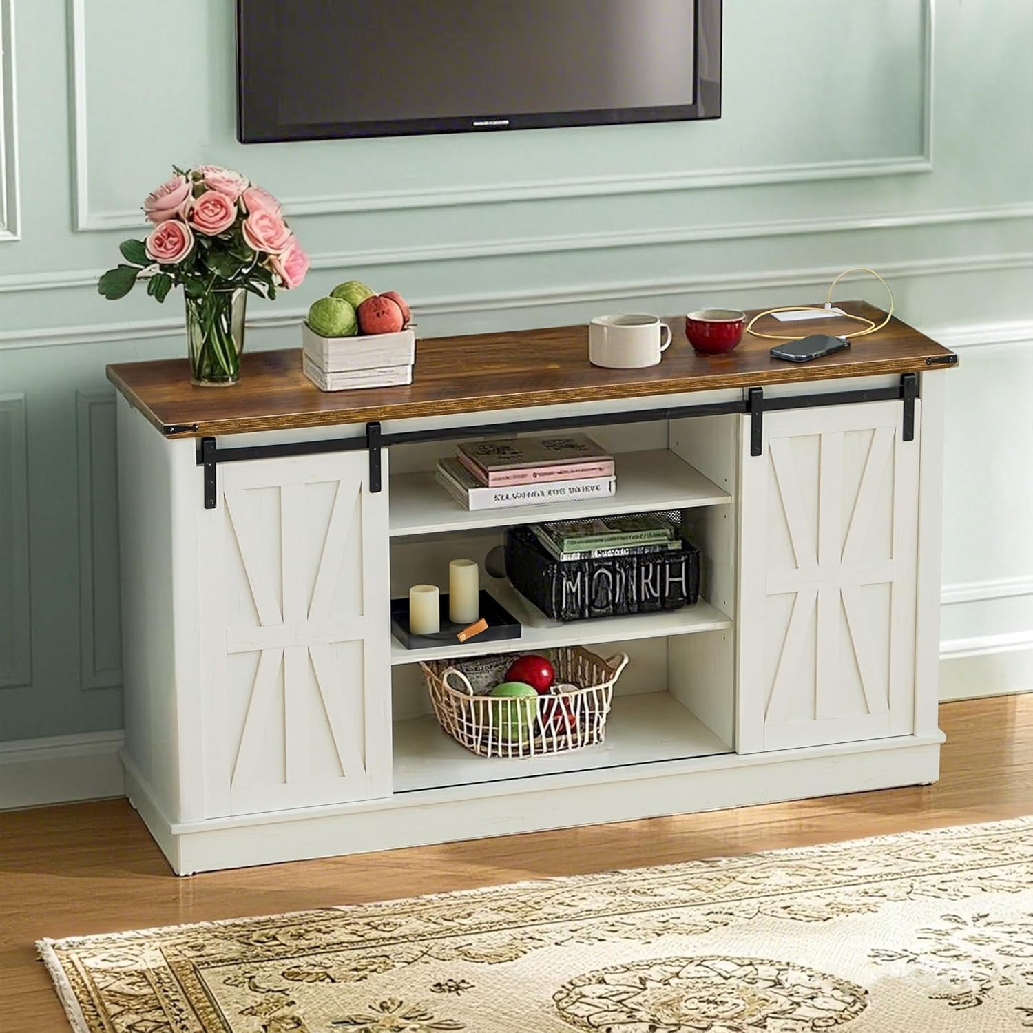 Farmhouse TV Stand for 65 inch TV, Rustic Wood Entertainment Center with Power Outlets & Sliding ...