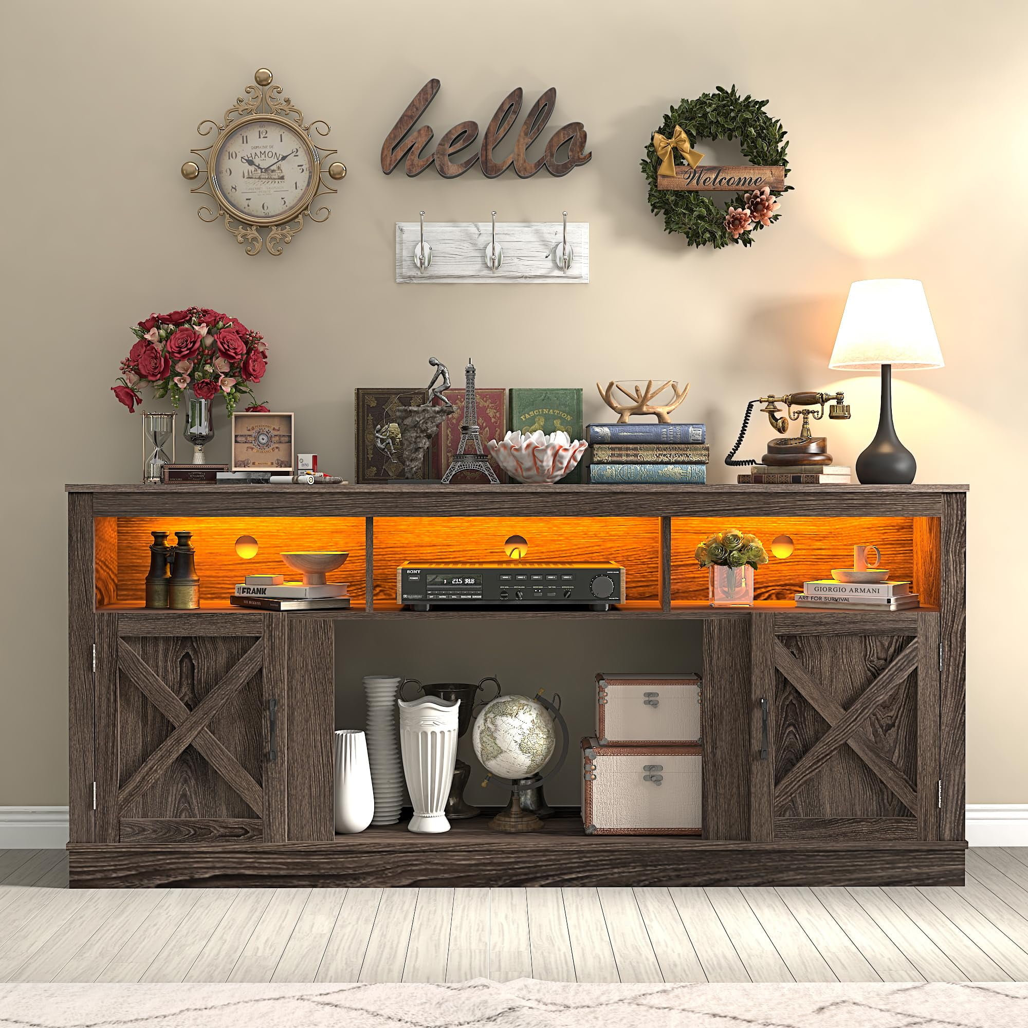 Farmhouse TV Stand for 70/75/80 Inch TV, 32”Tall Entertainment Center w ...